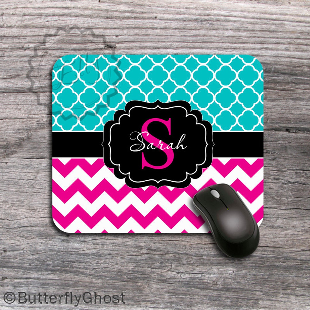 Monogrammed Mouse Pad - Turquoise Quatrefoil and Magenta Chevron With ...