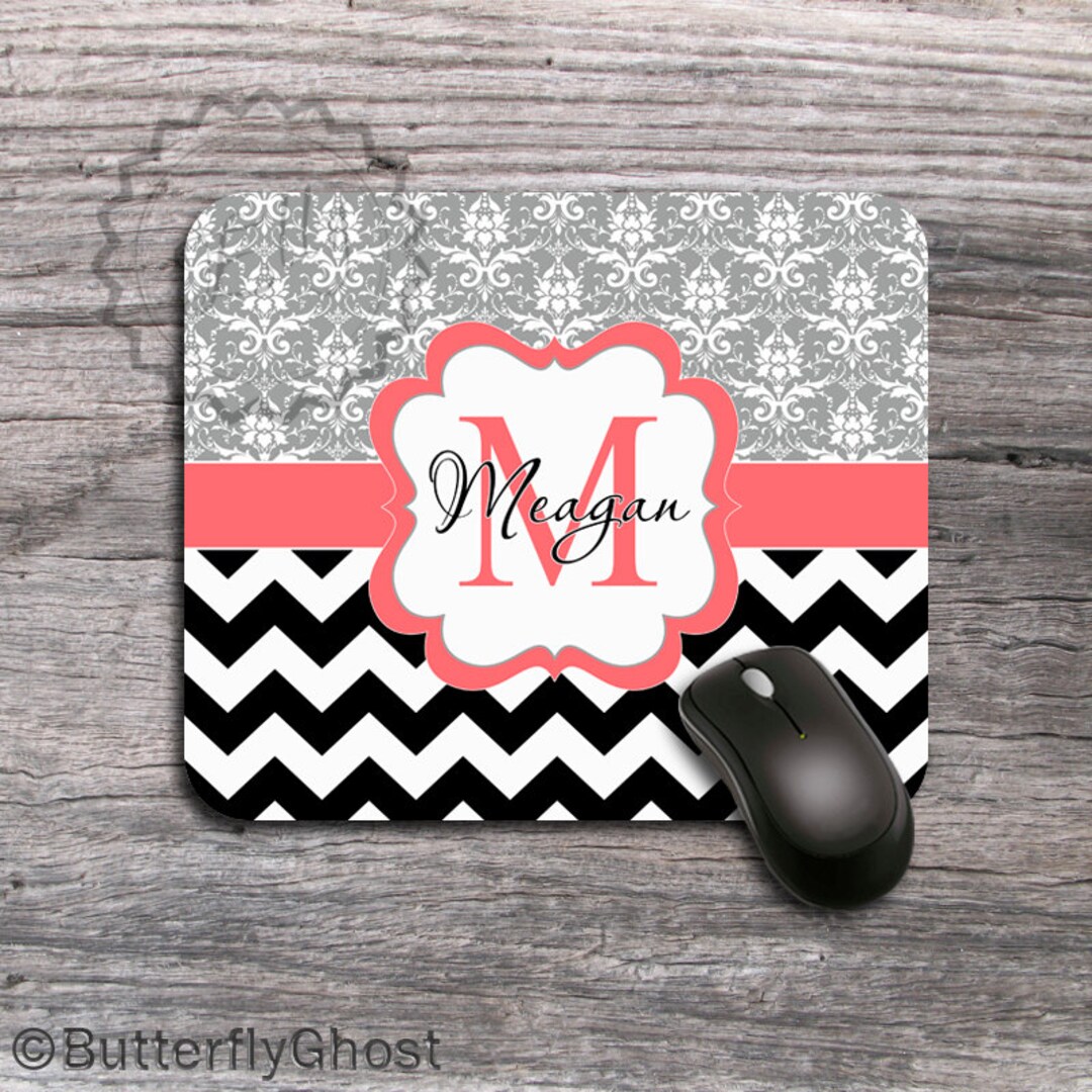 Customized Mousepad Cute Coral Monogram Label on Stylish Gray Damask ...