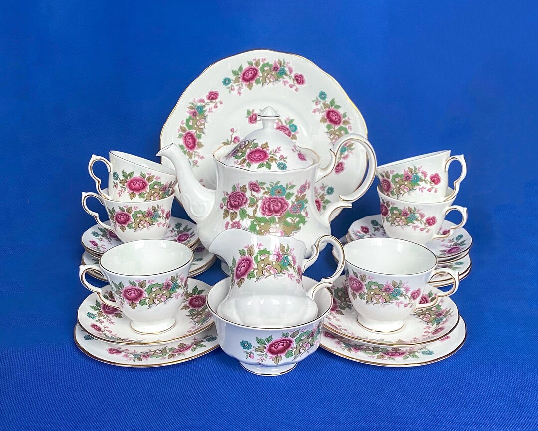 Queen Anne Tea Set for 6, With Teapot, Creamer Set and Cake Plate, Pink ...