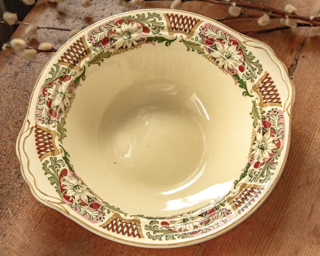 Antique Serving Dish, Johnson & Bros, in Dark Cream With Red and Green ...