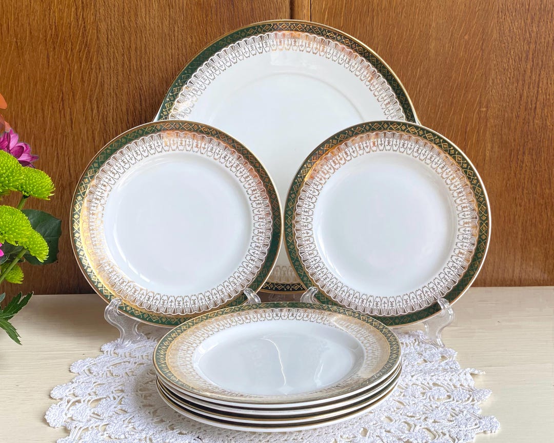 Royal Grafton Cake Plate Set With Green and Gold Banding, 'majestic ...