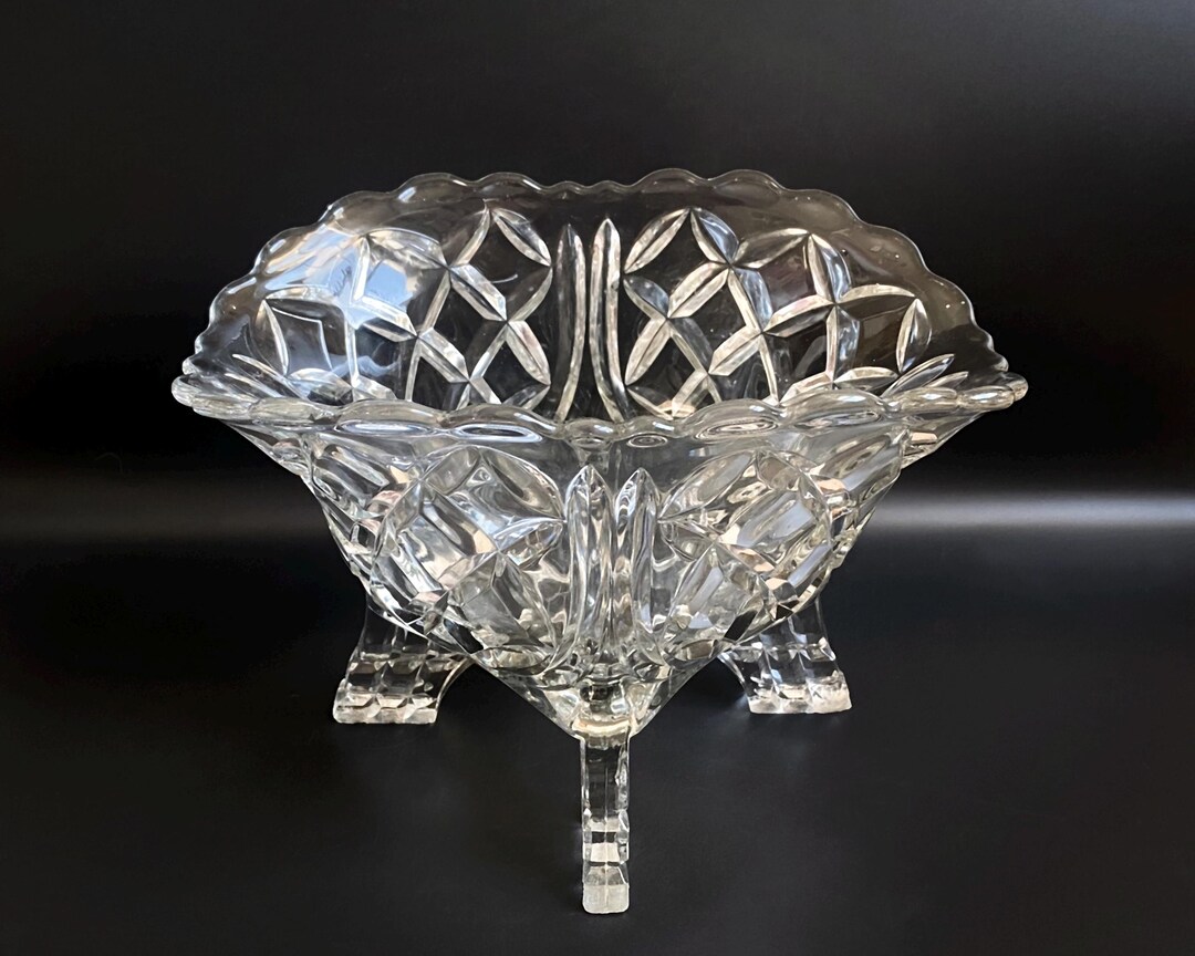 Vintage Glass Bowl, With Four Feet and Diamond Pattern, Large ...