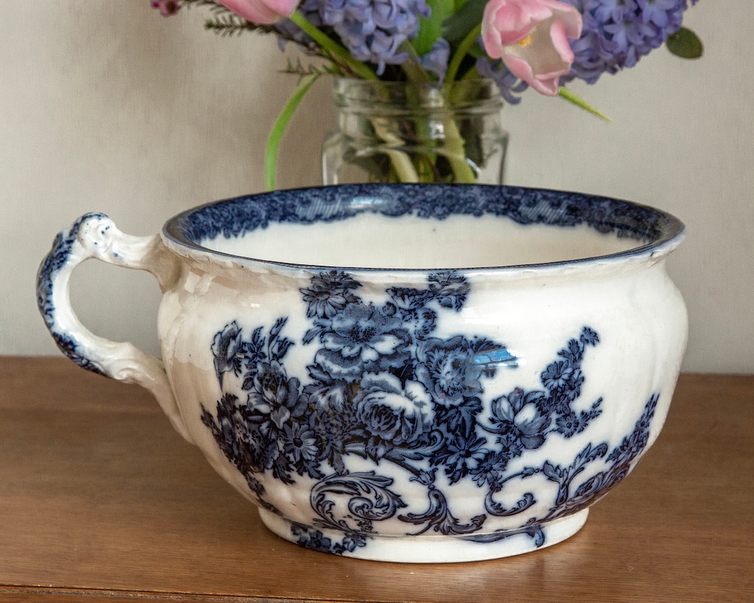 Antique Chamber Pot, Flow Blue and Cream, Floral Decoration and ...