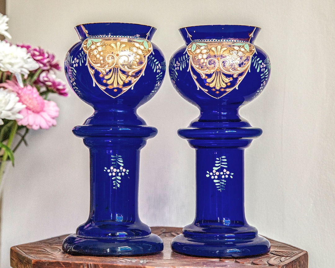 Bristol Blue Glass Vases, Sold as a Pair, Hand-painted Bohemian Style ...