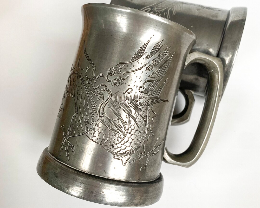 Vintage Pewter Tankards Etched With Chinese Dragons, Clear Bases ...