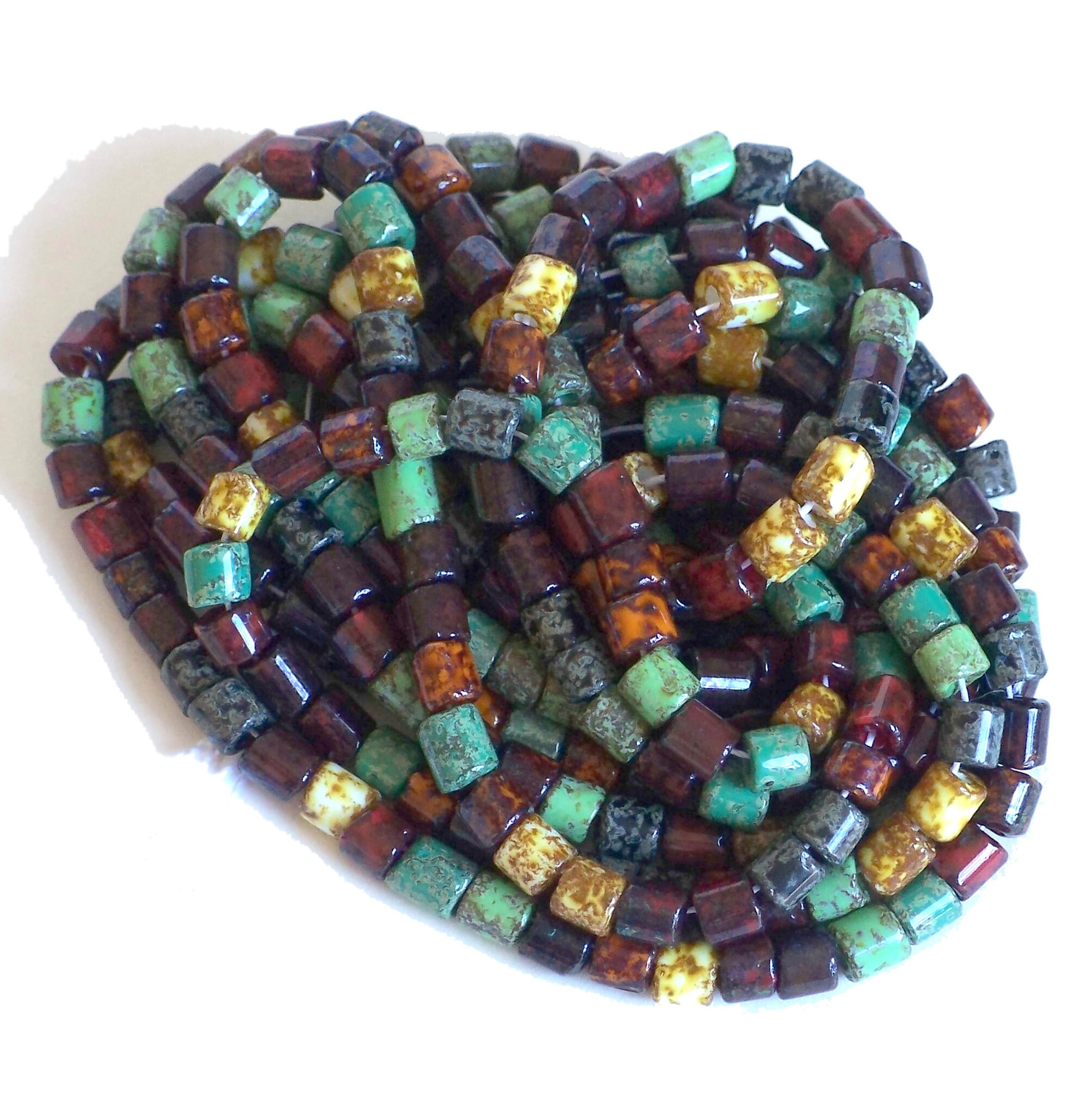 5mm Aged Picasso Czech Glass Tube Bead Mix, Preciosa Rustic Beads