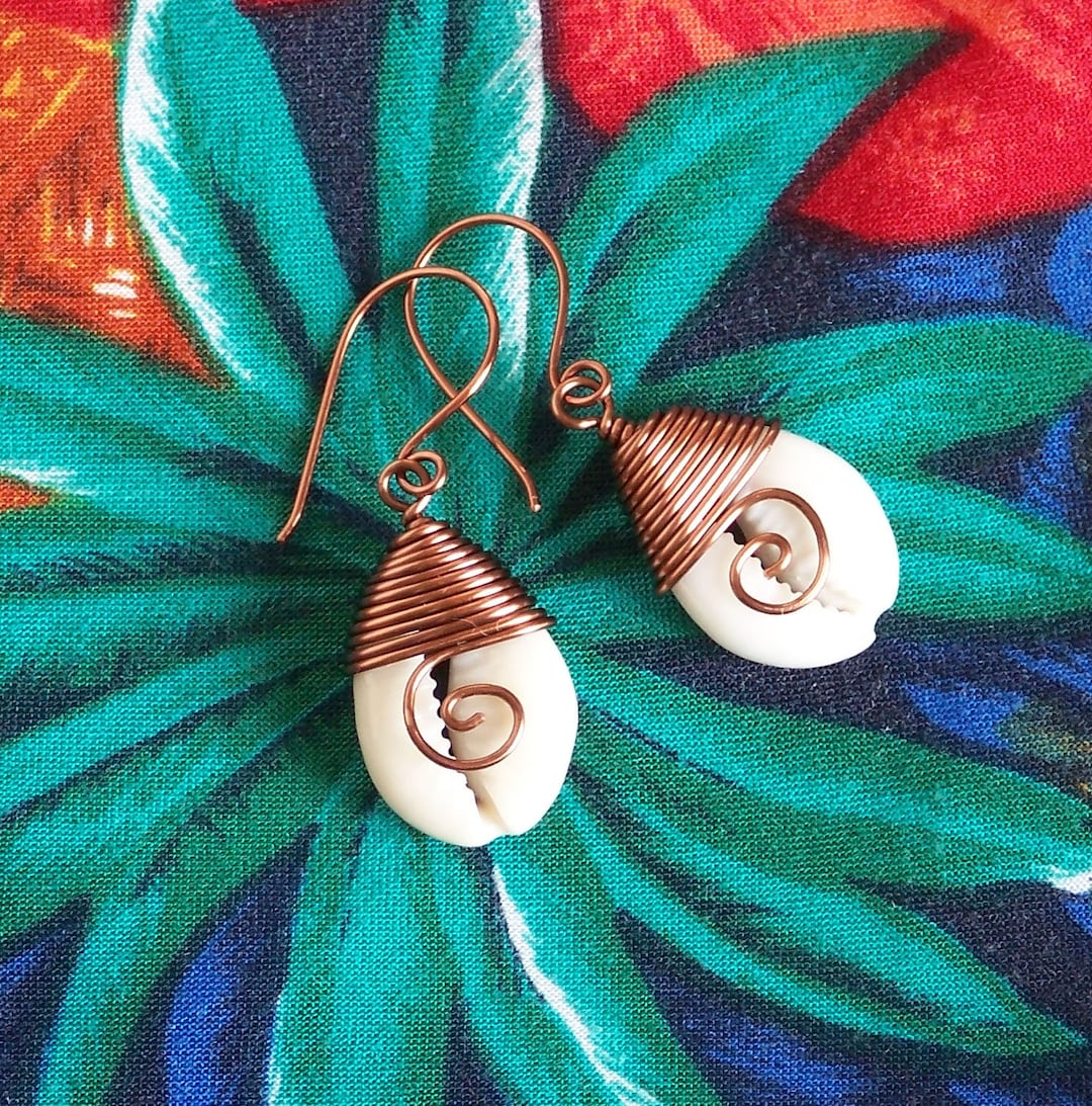 Wire Wrapped Cowrie Shell Earrings, Beach Cowrie Shell Earrings ...