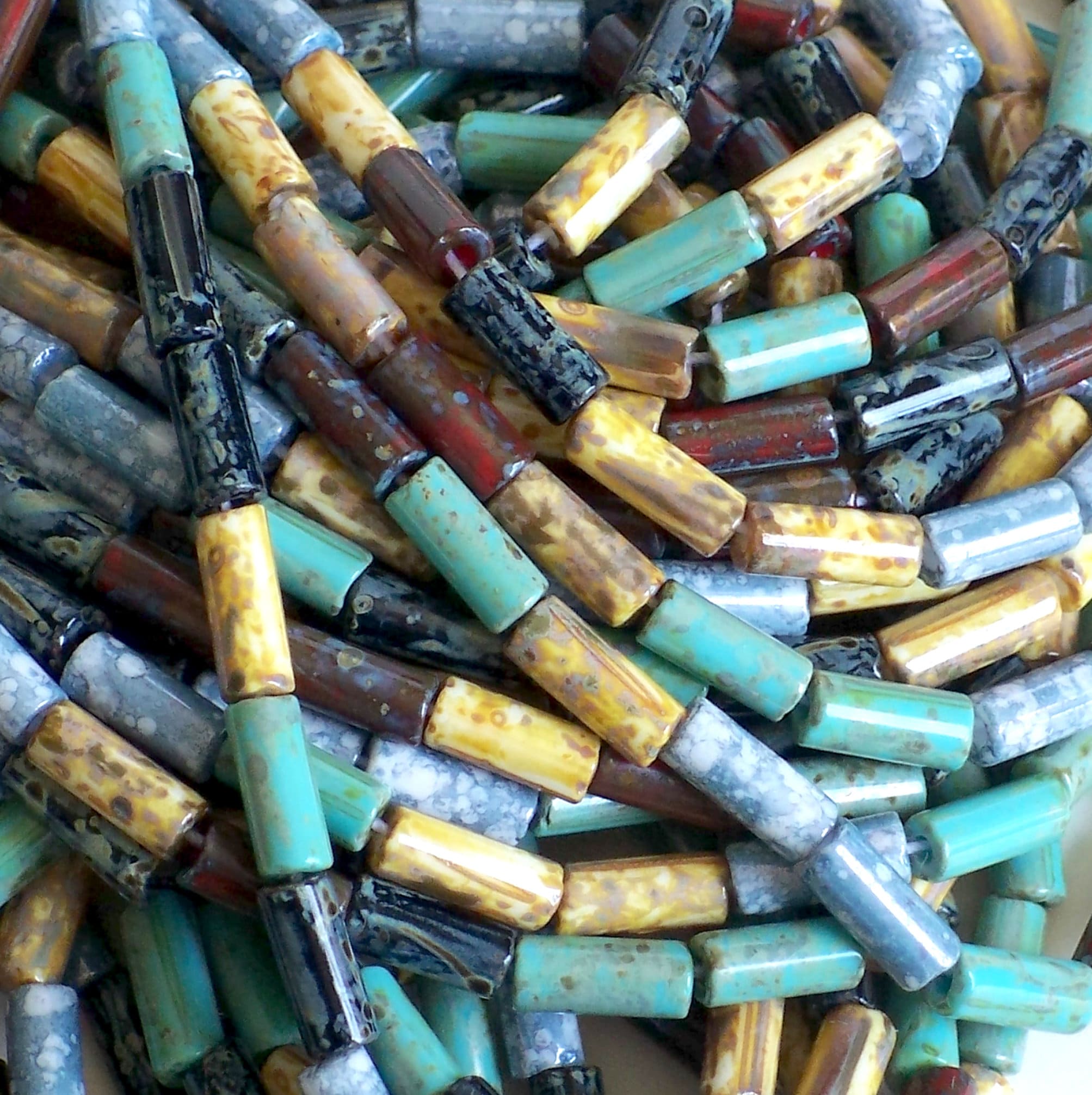 9x4mm Aged Picasso Czech Tube Beads, New Mix, Wampum Tube Beads Tribal ...