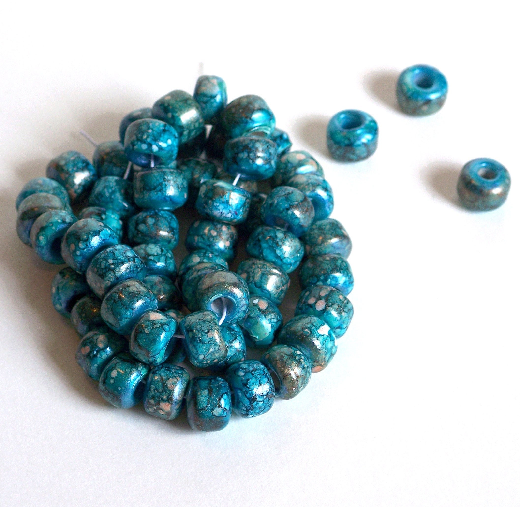 Aqua Glass Crow Beads, 9mm Pony Beads, 50 Pieces