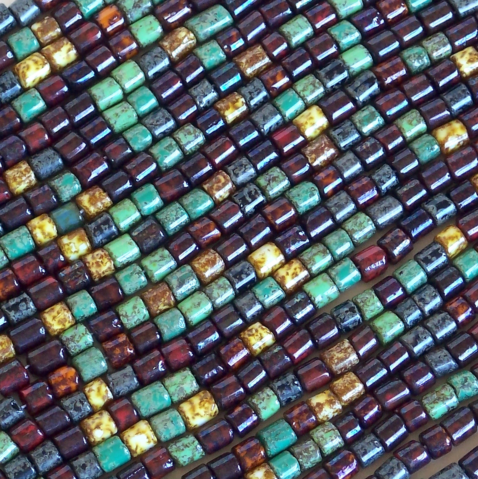 5mm Aged Picasso Czech Glass Tube Bead Mix, Preciosa Rustic Beads
