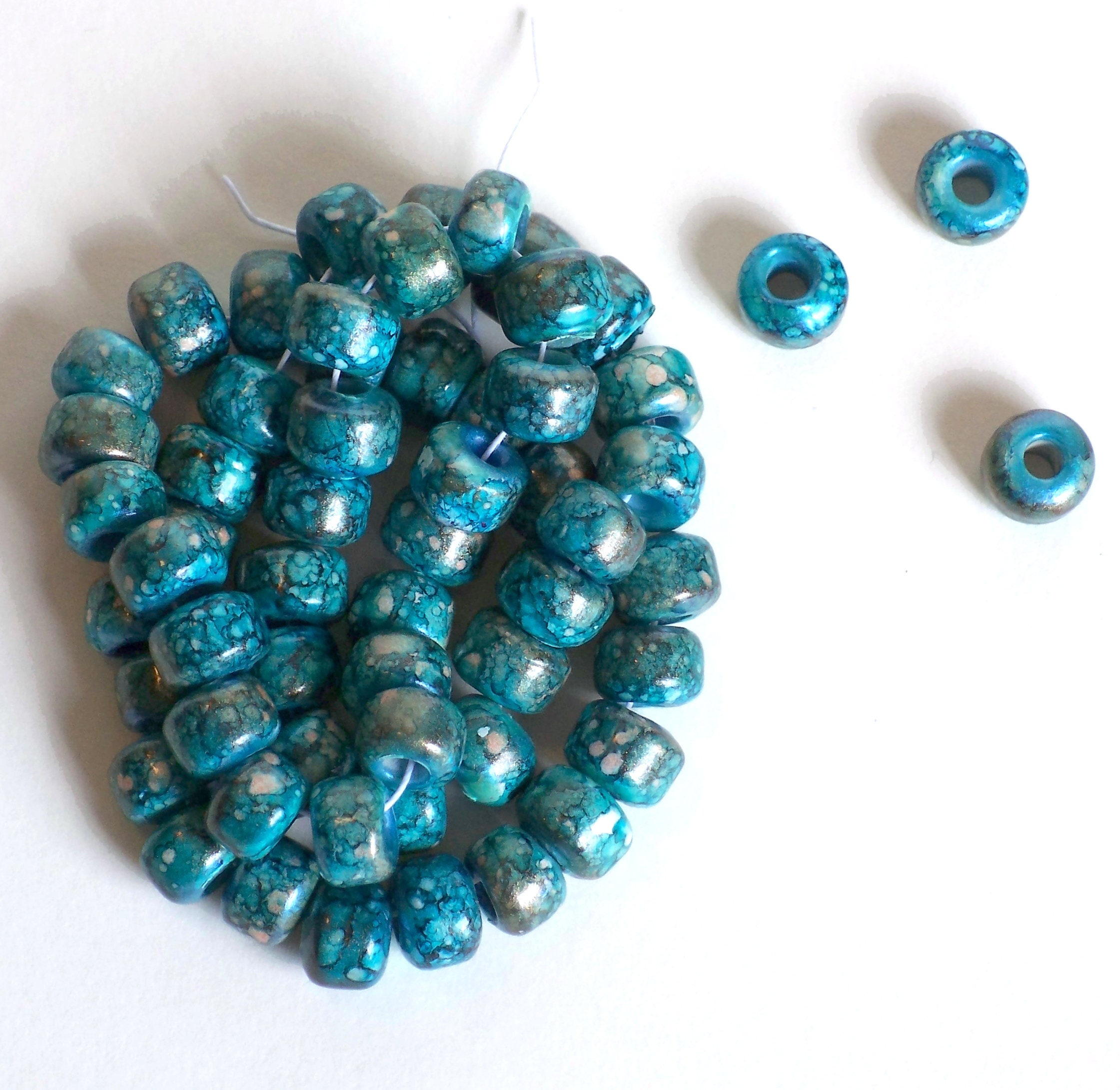 Aqua Glass Crow Beads, 9mm Pony Beads, 50 Pieces