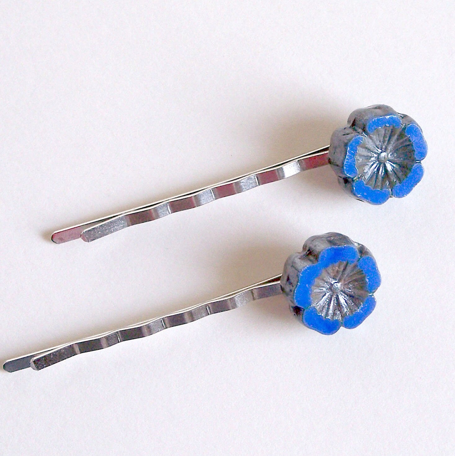 Bahama Blue Flower Boho Beach Hair Pins, Blue and Silver Bobby Pins ...