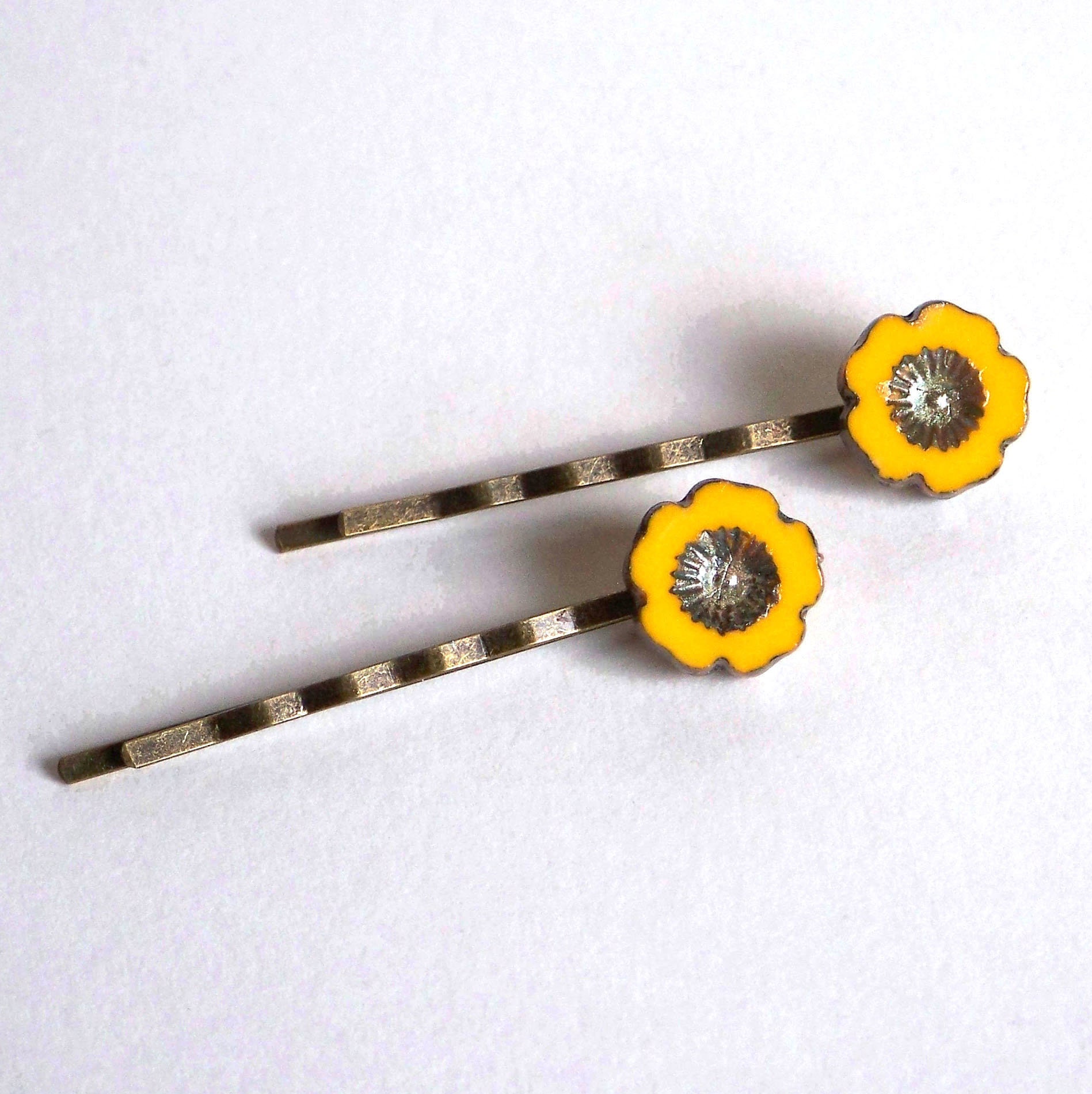 Sunflower Yellow Boho Beach Hair Pins, Yellow and Brass Bobby Pins ...