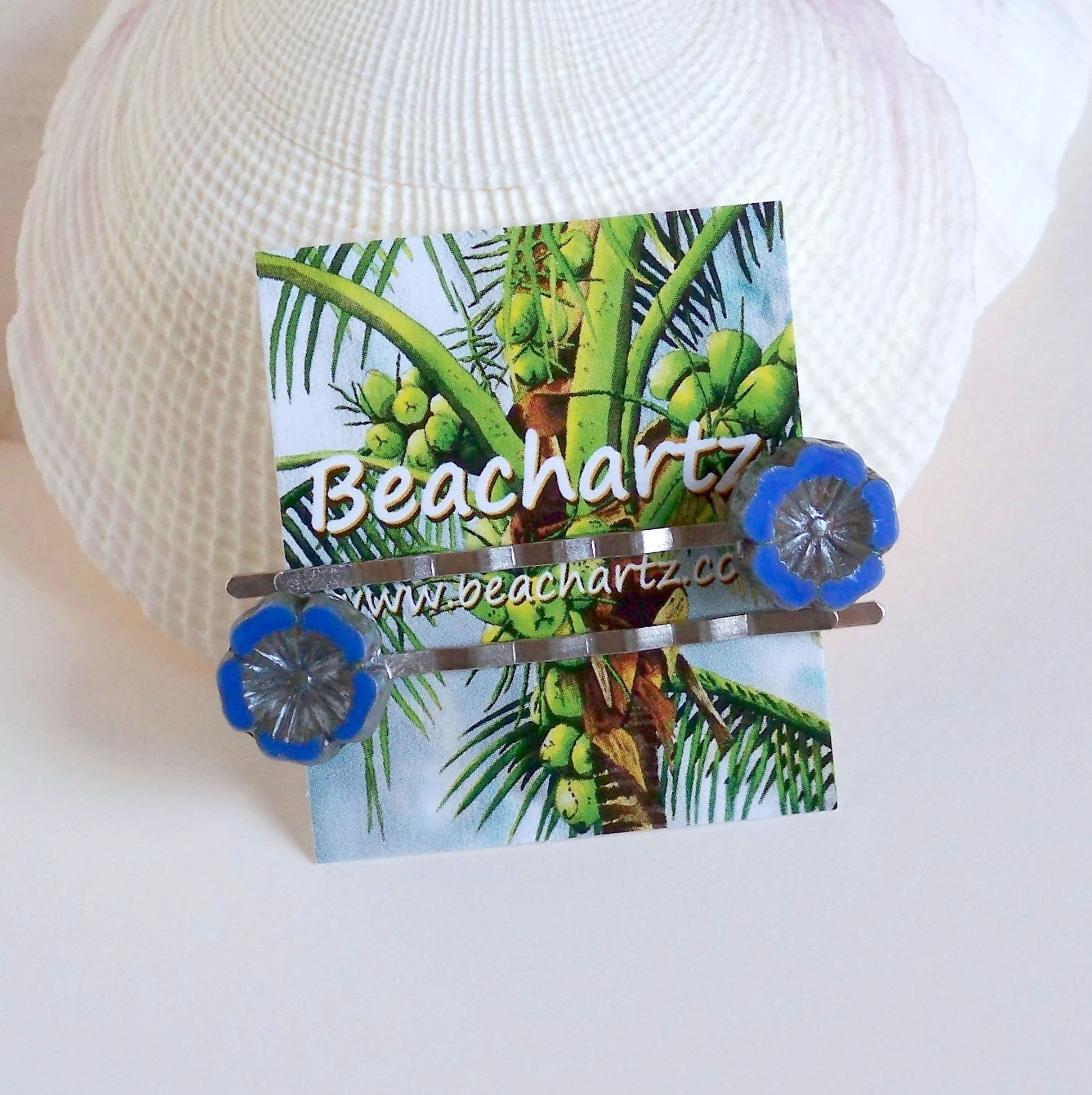 Bahama Blue Flower Boho Beach Hair Pins, Blue and Silver Bobby Pins ...