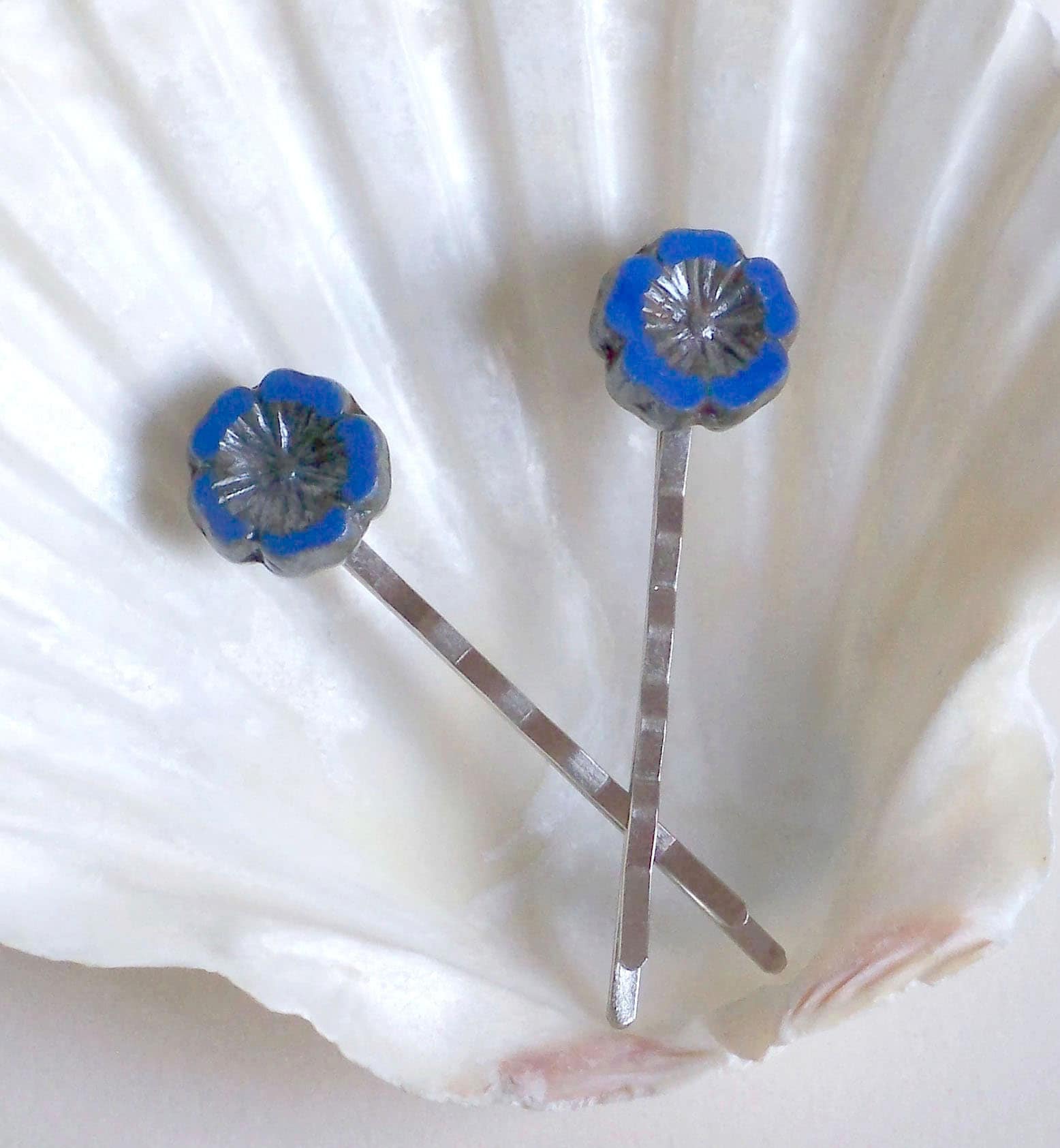 Bahama Blue Flower Boho Beach Hair Pins, Blue and Silver Bobby Pins ...