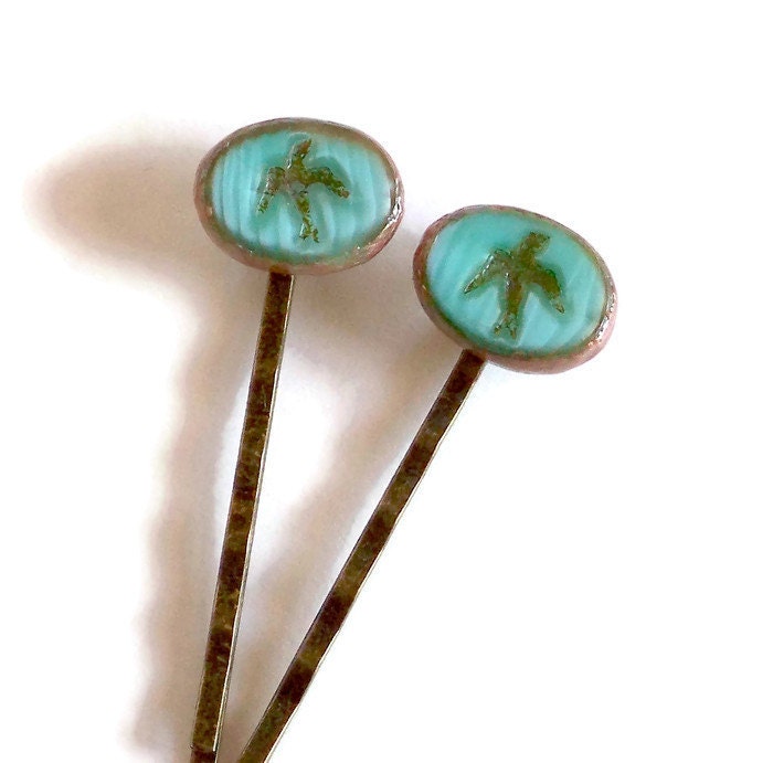 Blue Green Bird Boho Hair Pins, Green and Brass Bobby Pins, Boho Hair ...