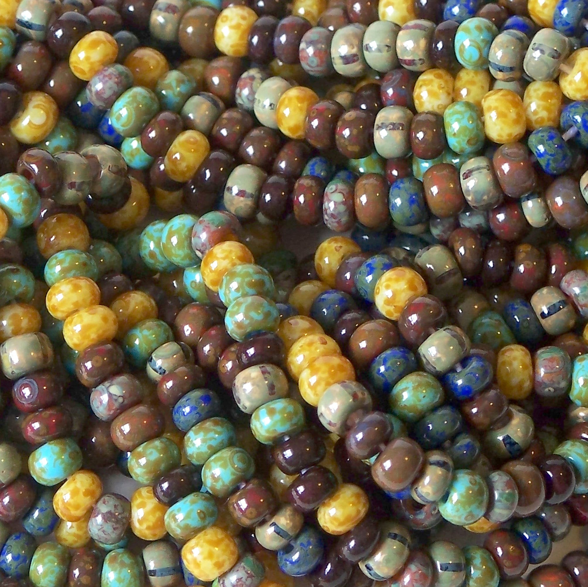 10 Inch Strand 4mm Blue Aged Porcelain Striped Picasso Mixed Seed Beads ...