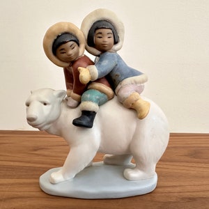 Vintage Lladro Inuit/eskimo Children Riding a Polar Bear Figurine in ...
