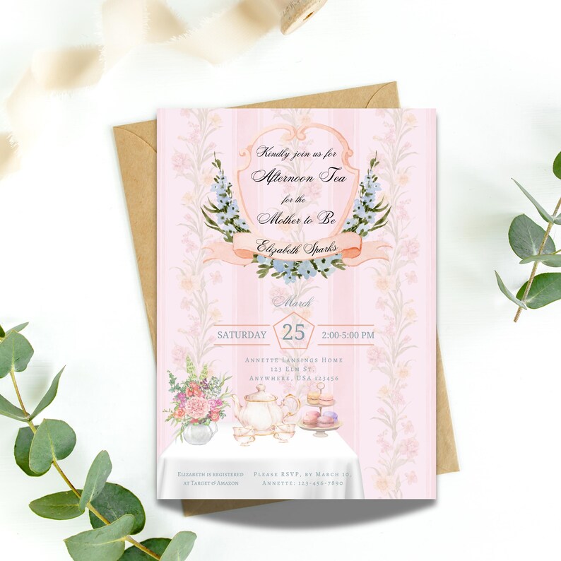 Invitación floral para baby shower: Té de la tarde (Invitación digital ...