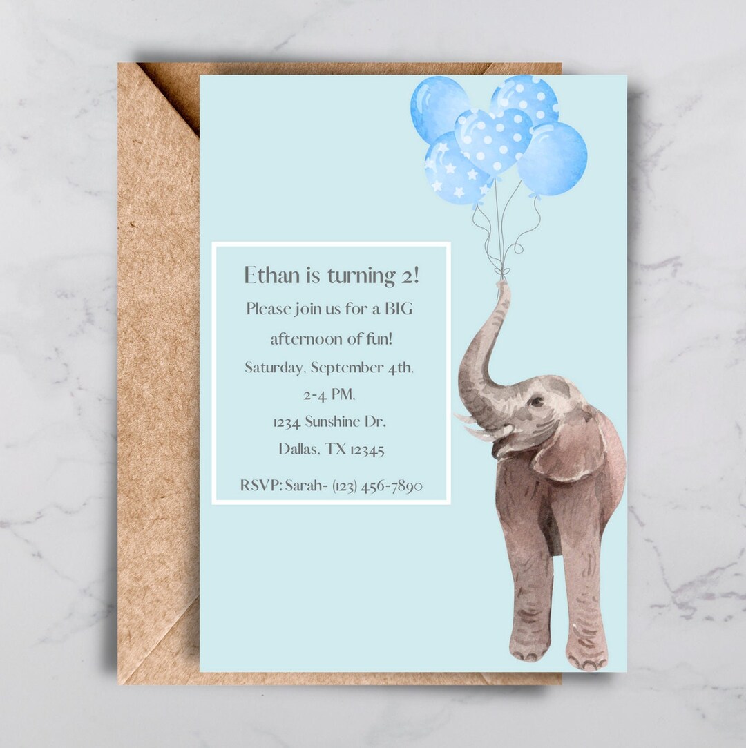 Elephant Birthday Invitation: Blue Balloons, Kids Party (PDF & JPG) - Etsy