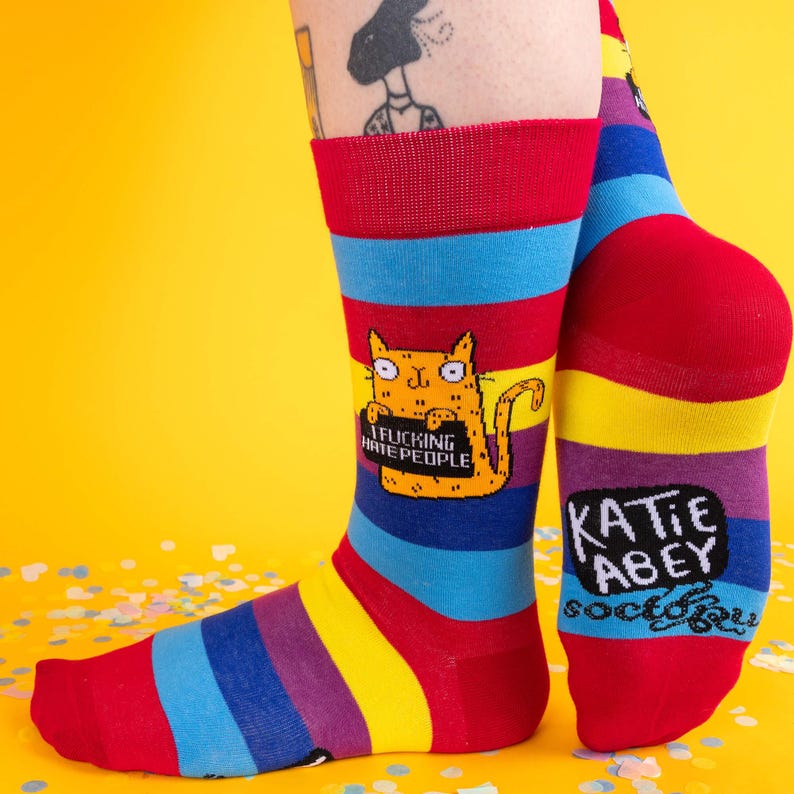 Sweary Cat I F*cking Hate People Rainbow Socks - Katie Abey Funny Socks ...