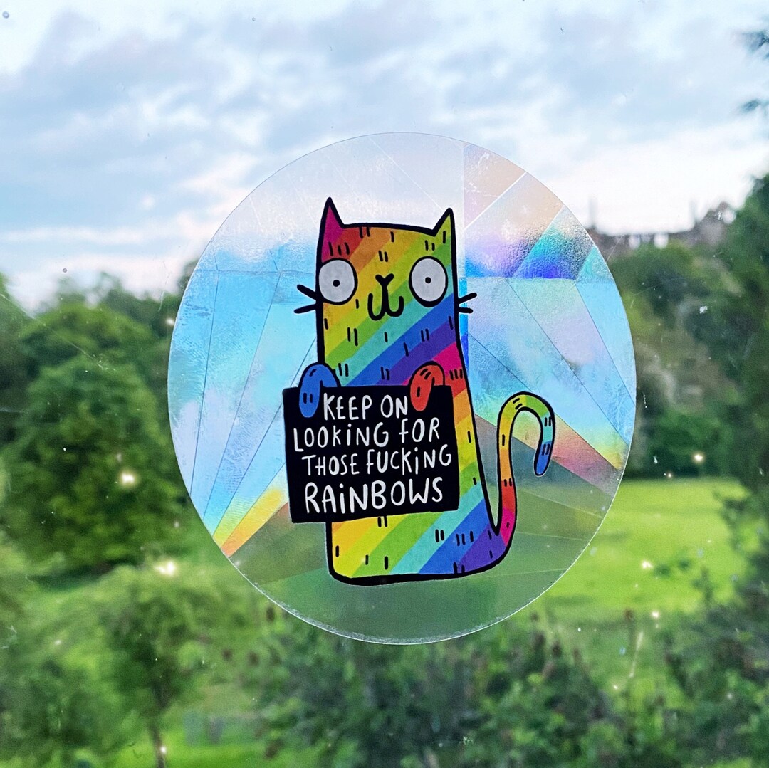 Sweary Rainbow Cat Sun Catcher Katie Abey Motivational Positivity Pride ...