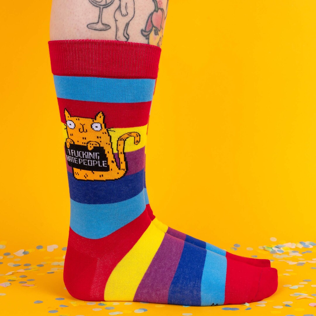 Sweary Cat I F*cking Hate People Rainbow Socks - Katie Abey Funny Socks ...