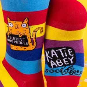 Sweary Cat I F*cking Hate People Rainbow Socks - Katie Abey Funny Socks ...