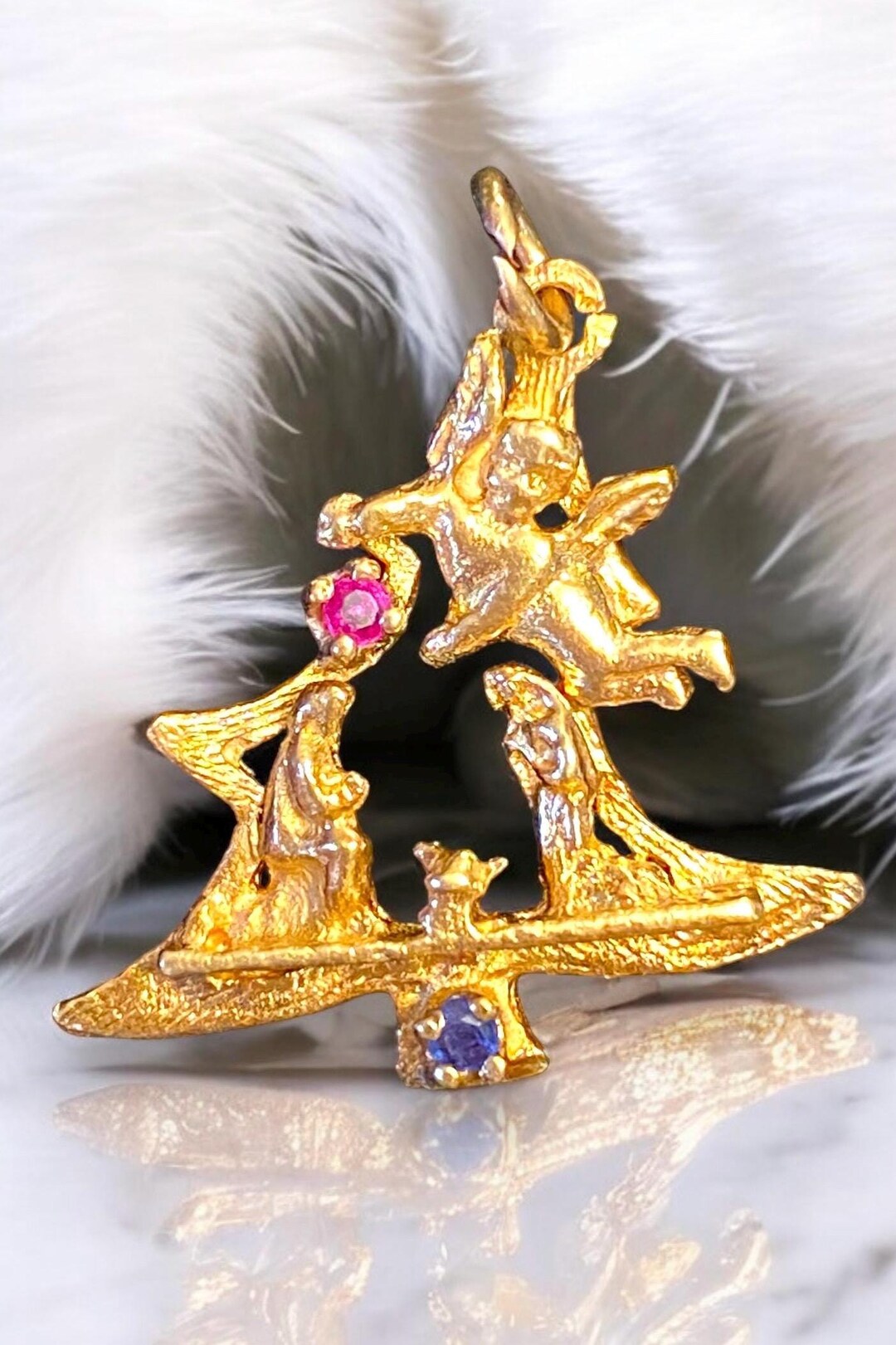 Vintage 1950’S 14K Gold CHRISTMAS Tree ANGEL Cupid Gemstone Charm ...