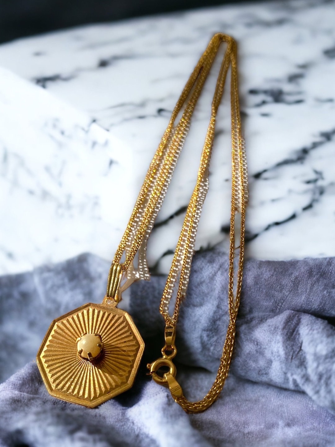 Vintage 14K Gold Engine Turned Hexagon Pearl Charm Pendant Double Chain ...
