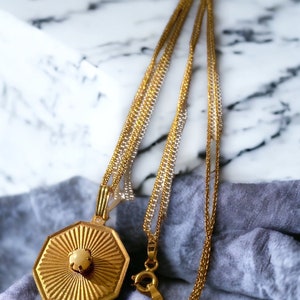 Vintage 14K Gold Engine Turned Hexagon Pearl Charm Pendant Double Chain ...