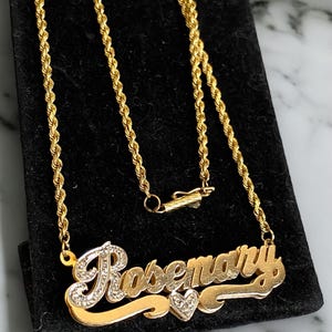 Custom 14K Gold “ROSEMARY” Large Diamond Name Plate 21.25” Rope Chain ...