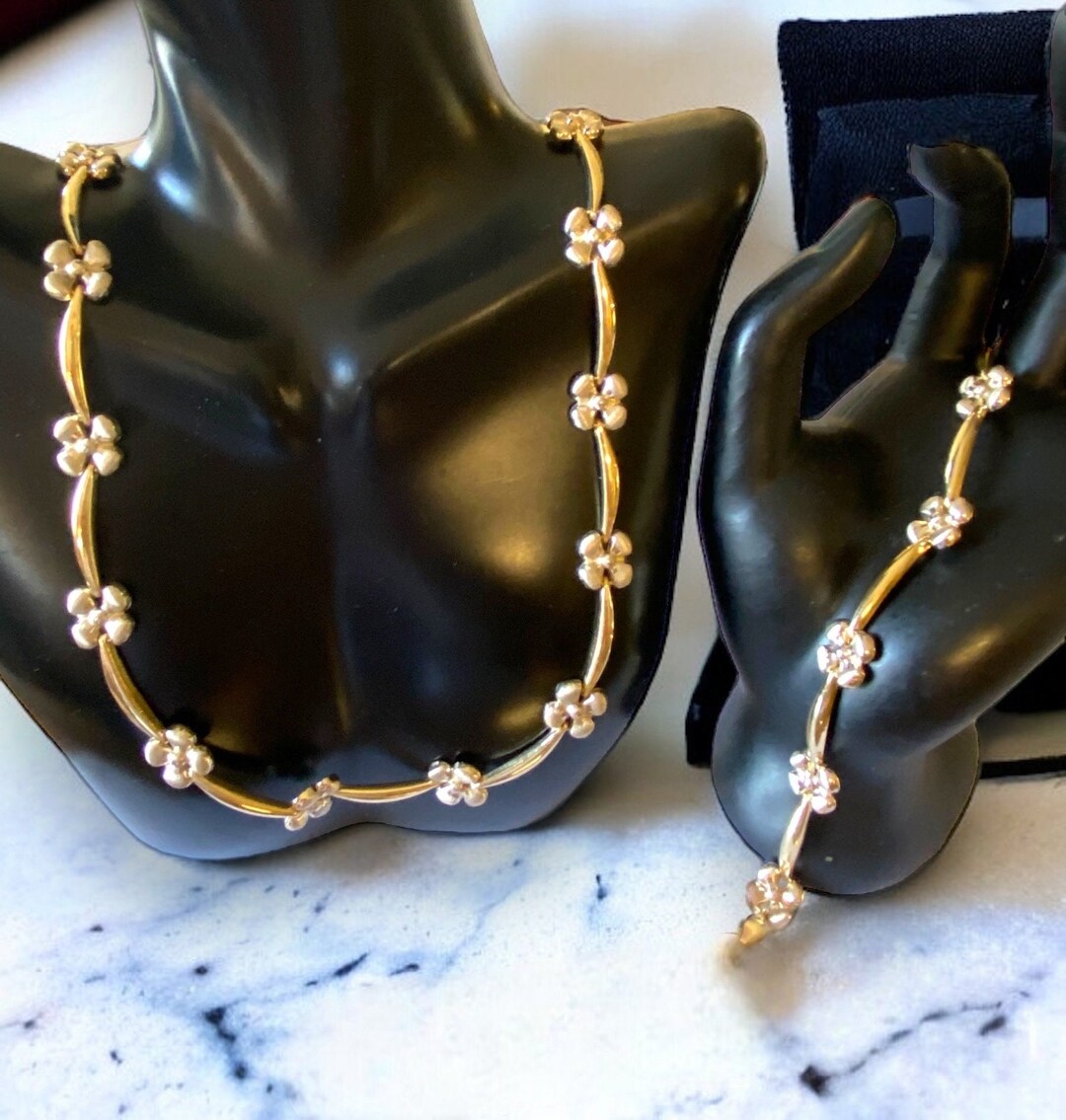 ESTATE Italian 14k Two Tone Gold FLOWER Link Chain Necklace & Bracelet ...