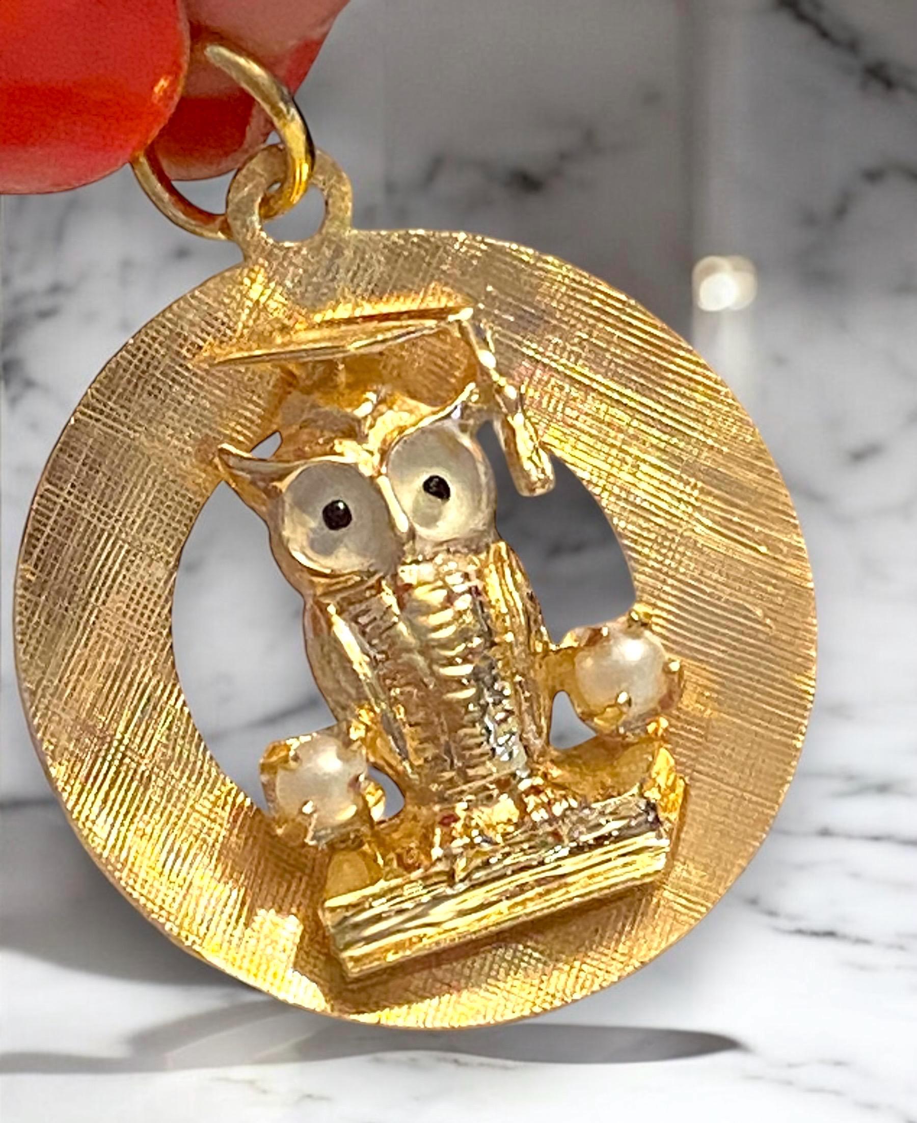 Vintage Estate 1970'S 14K Yellow Gold WISE OWL Pearl Grad Cap ...