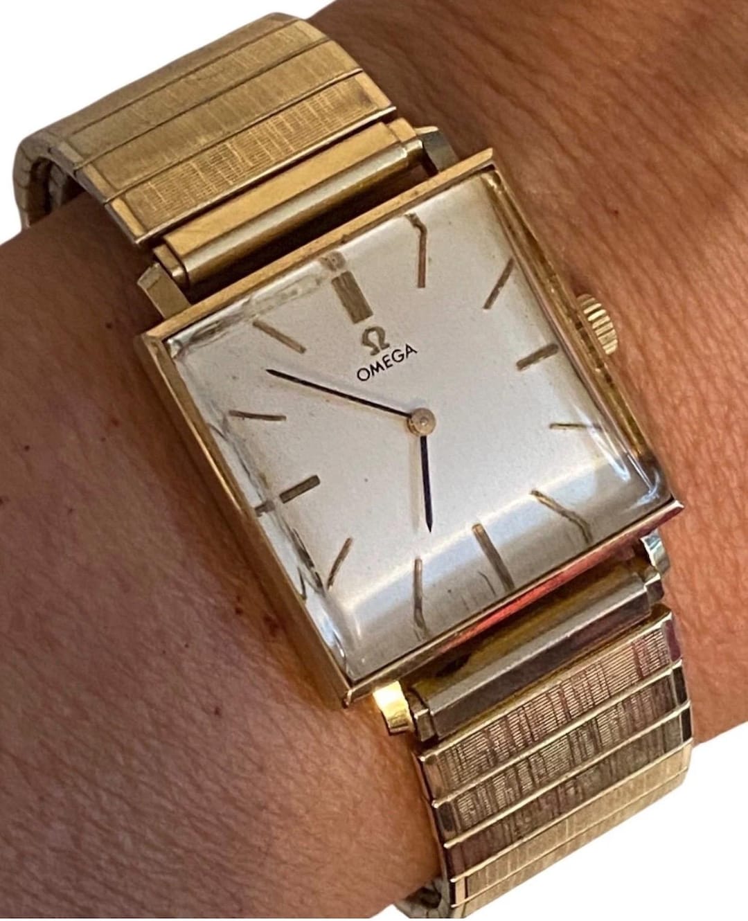 Vintage MENS 14k Solid Gold Omega Tank Style Wristwatch Stretch Metal ...