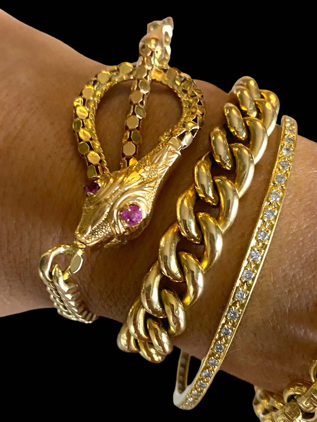 CUSTOM Estate Vintage 18k Yellow Gold Ruby Eye SNAKE 14k Curb Chain ...
