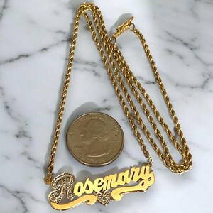 Custom 14K Gold “ROSEMARY” Large Diamond Name Plate 21.25” Rope Chain ...