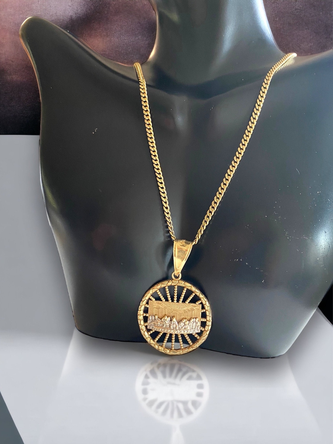 Large 10K Yellow Gold LAST SUPPER Hip Hop Charm Pendant 20” Cuban Chain ...