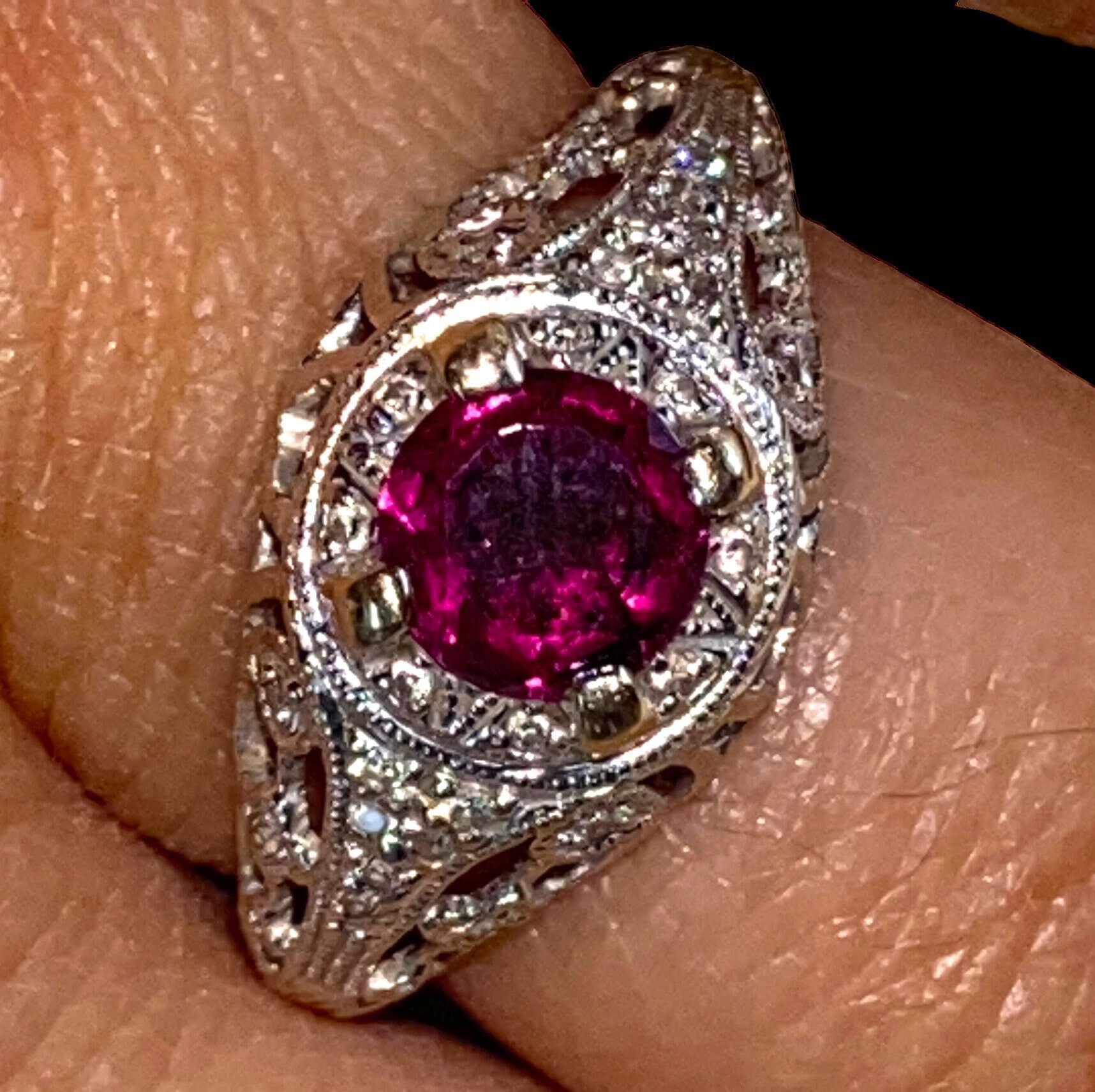 Estate 18K 750 White Gold Filigree Ruby and Diamond Ring GORGEOUS! - Etsy