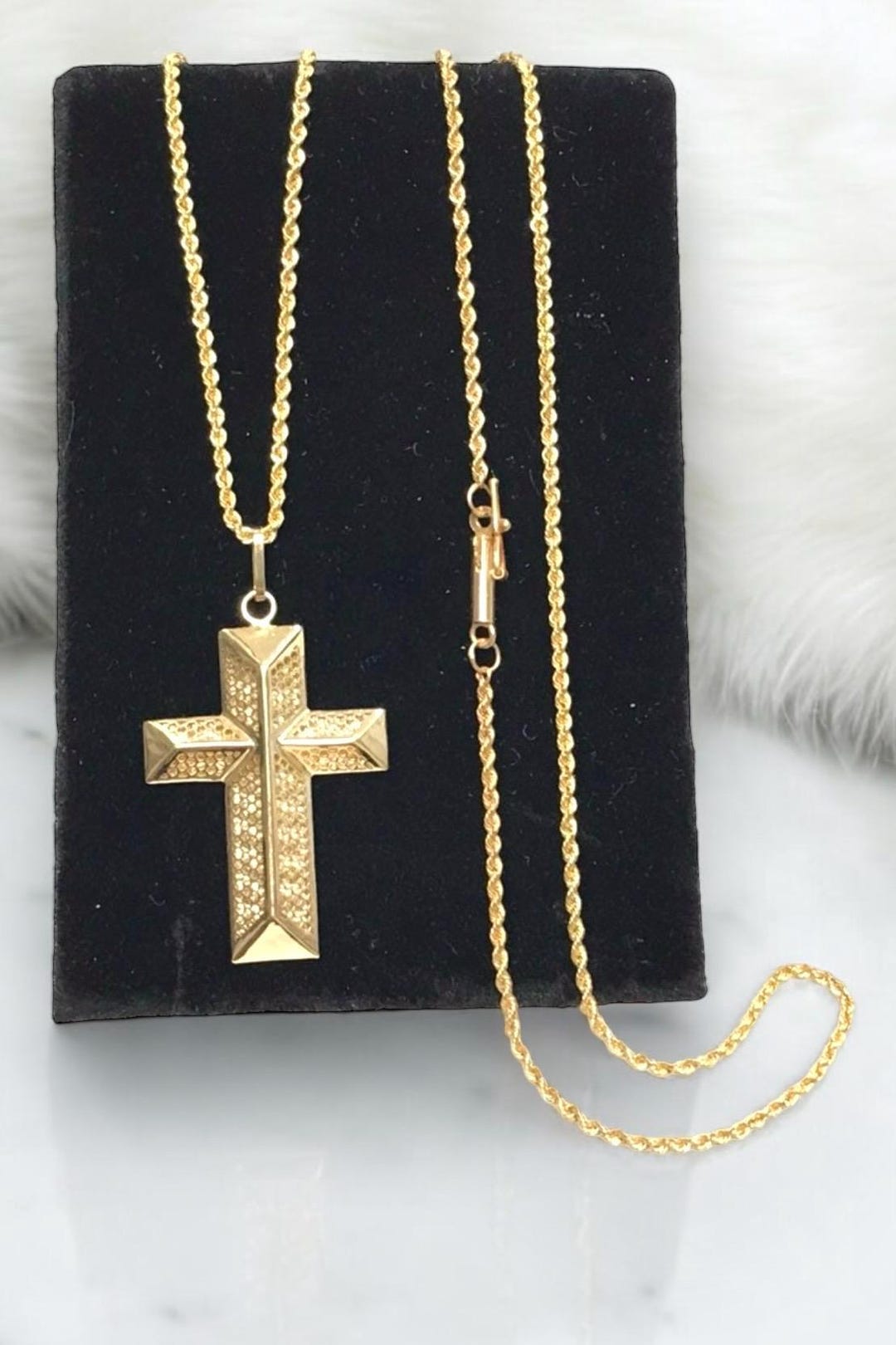 GORGEOUS Estate 14K Italian Yellow Gold Puffed CROSS Rope Chain Pendant ...