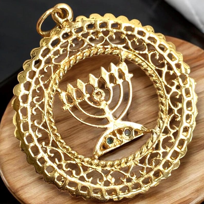 Vintage LARGE Custom 14k Gold Jewish Menorah Diamond Gemstone Charm ...