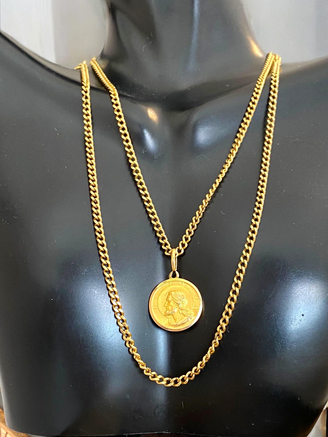 Estate 18K Italian Yellow Gold JESUS Catholic Medal Pendant 27.5” 3mm ...