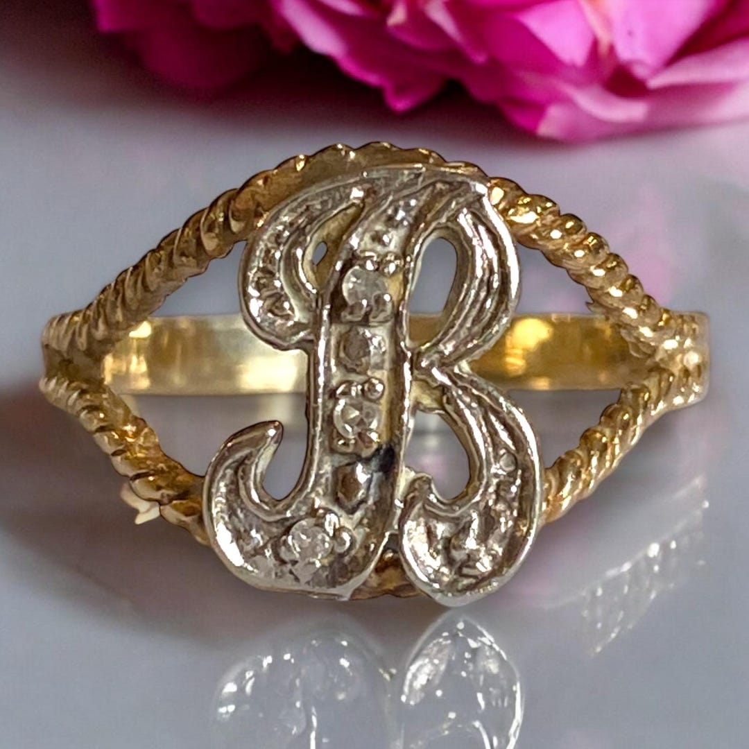 Vintage 14K Yellow Gold Small DIAMOND "b" Initial Ring CUSTOM Size 5 ...
