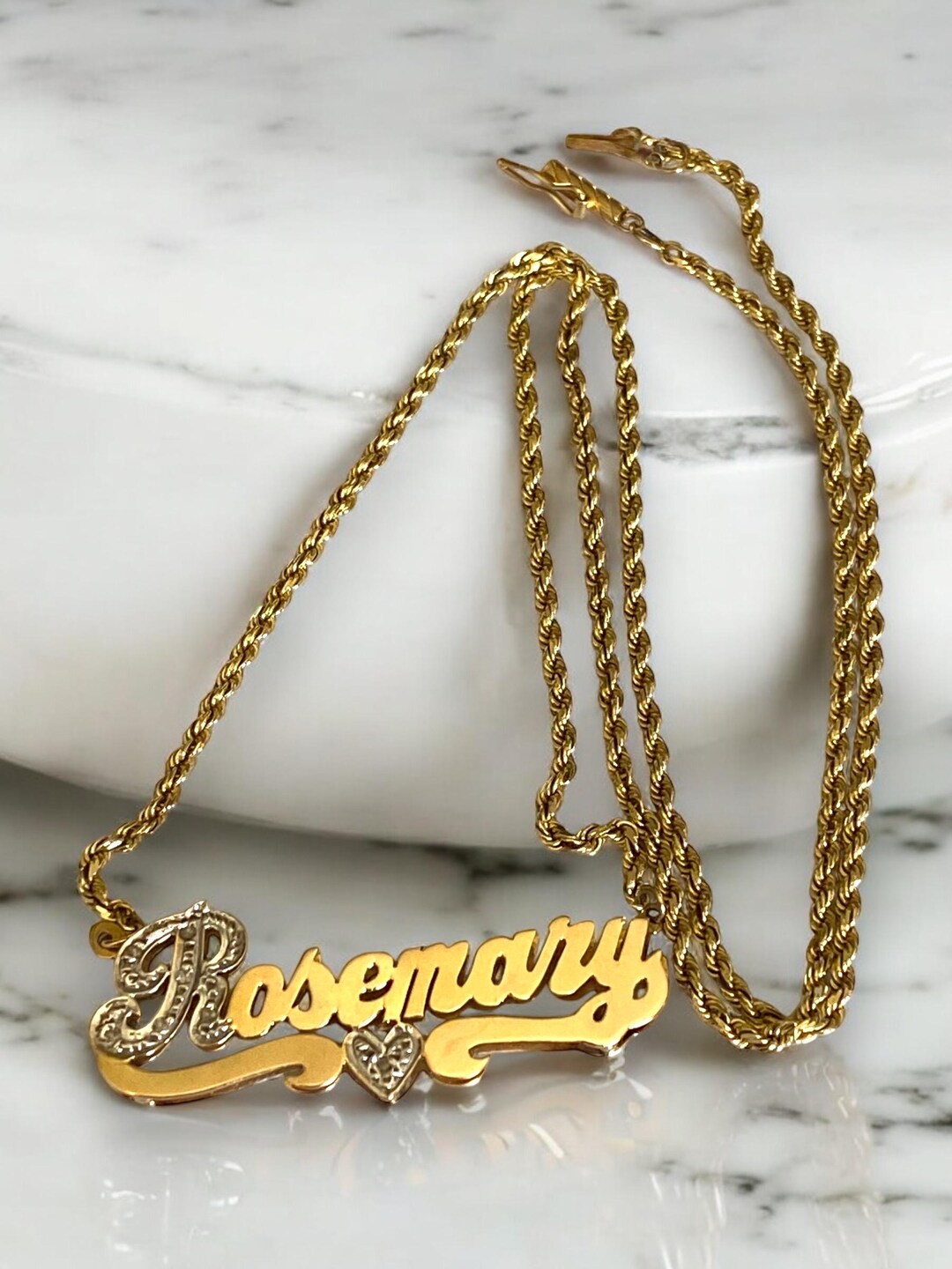 Custom 14K Gold “ROSEMARY” Large Diamond Name Plate 21.25” Rope Chain ...