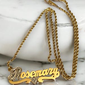 Custom 14K Gold “ROSEMARY” Large Diamond Name Plate 21.25” Rope Chain ...