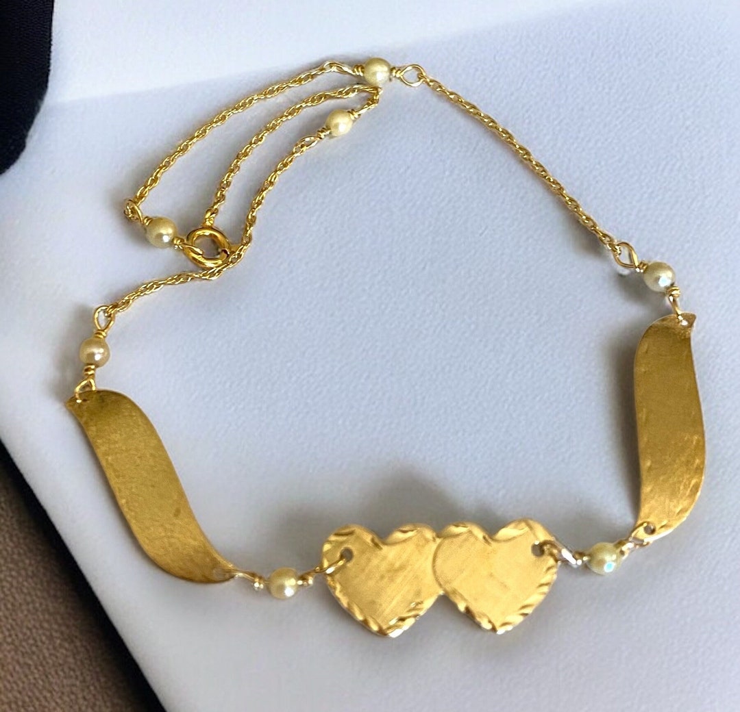 VINTAGE 1980s 14K Yellow Gold 9.25 Double Etched Hearts Chain ...