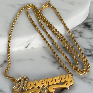Custom 14K Gold “ROSEMARY” Large Diamond Name Plate 21.25” Rope Chain ...