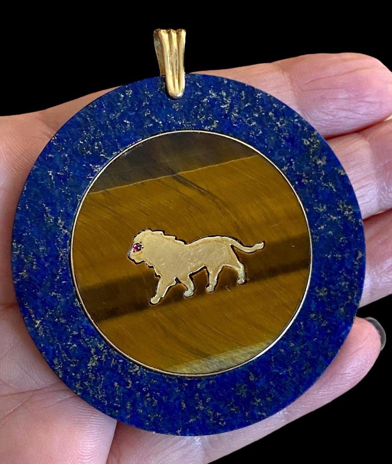 HUGE Custom Estate Lapis Lazuli Tigers Eye 18K LEO Lion Ruby Pendant ...