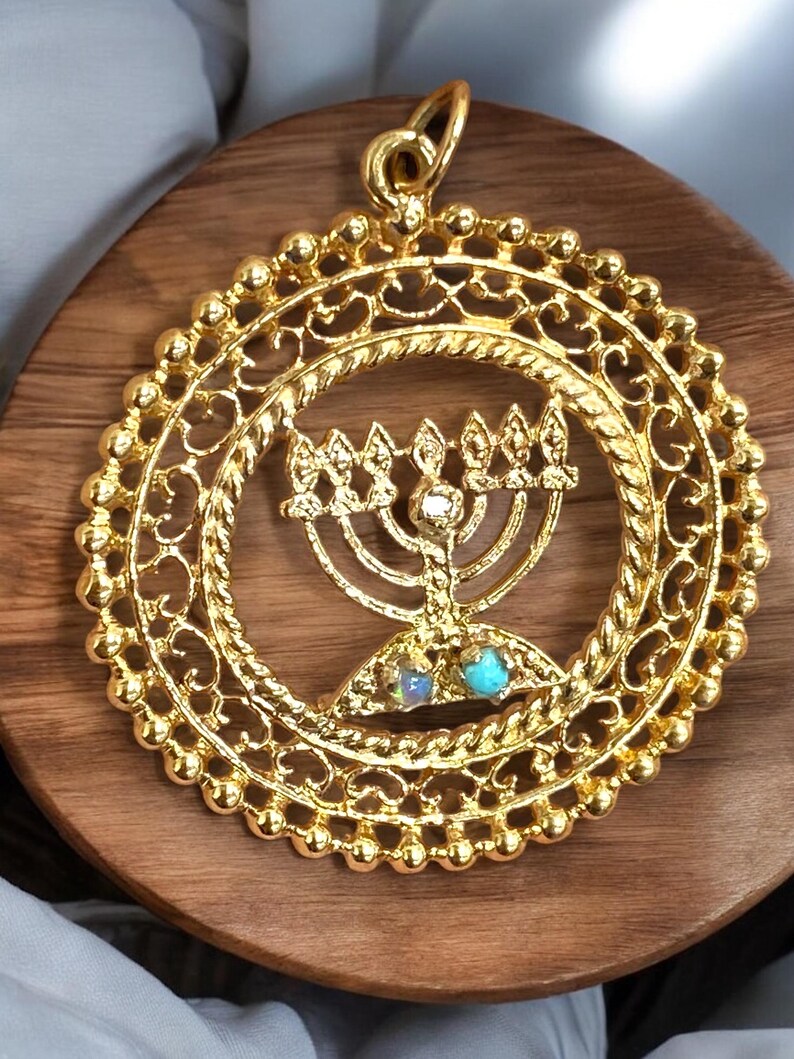 Vintage LARGE Custom 14k Gold Jewish Menorah Diamond Gemstone Charm ...