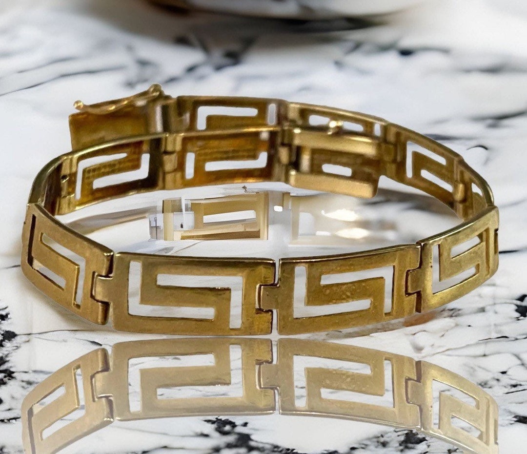 Vintage 14K Yellow Gold Greek Key Link 8mm Wide 7 Link Bracelet ESTATE ...